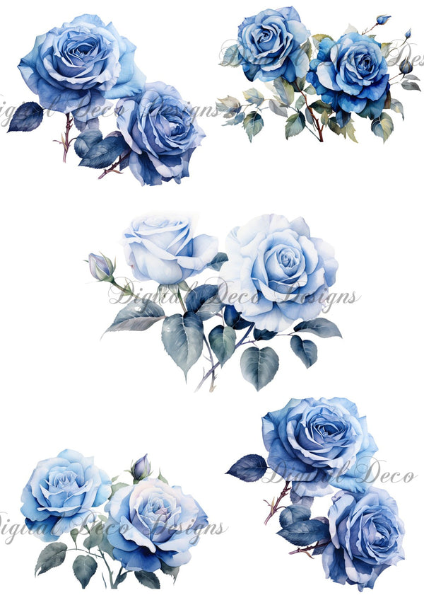 Blue Rose Bouquet Collage Sheet Minis (#A043) - Digital Deco Designs
